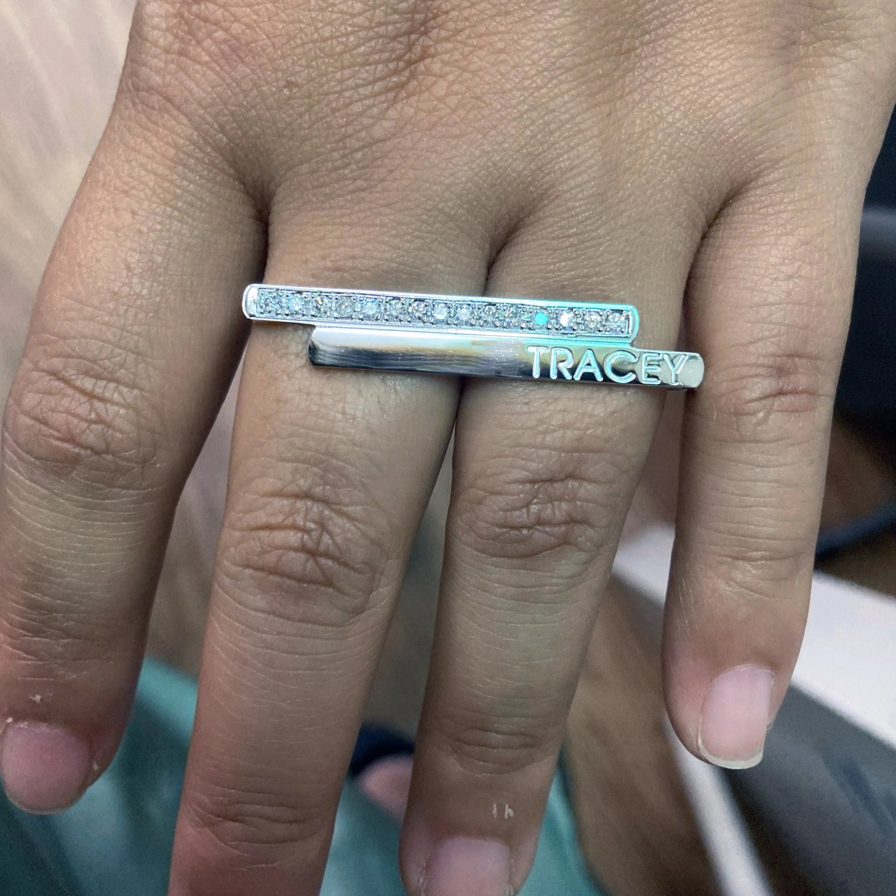 Gold Engraved Two Finger Horizontal Bar Name Ring with Birthstone ...